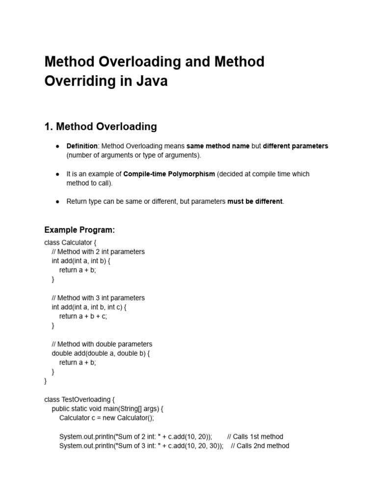 Method Overloading and Overriding in Java | PDF | Method (Computer Programming) | Parameter ...