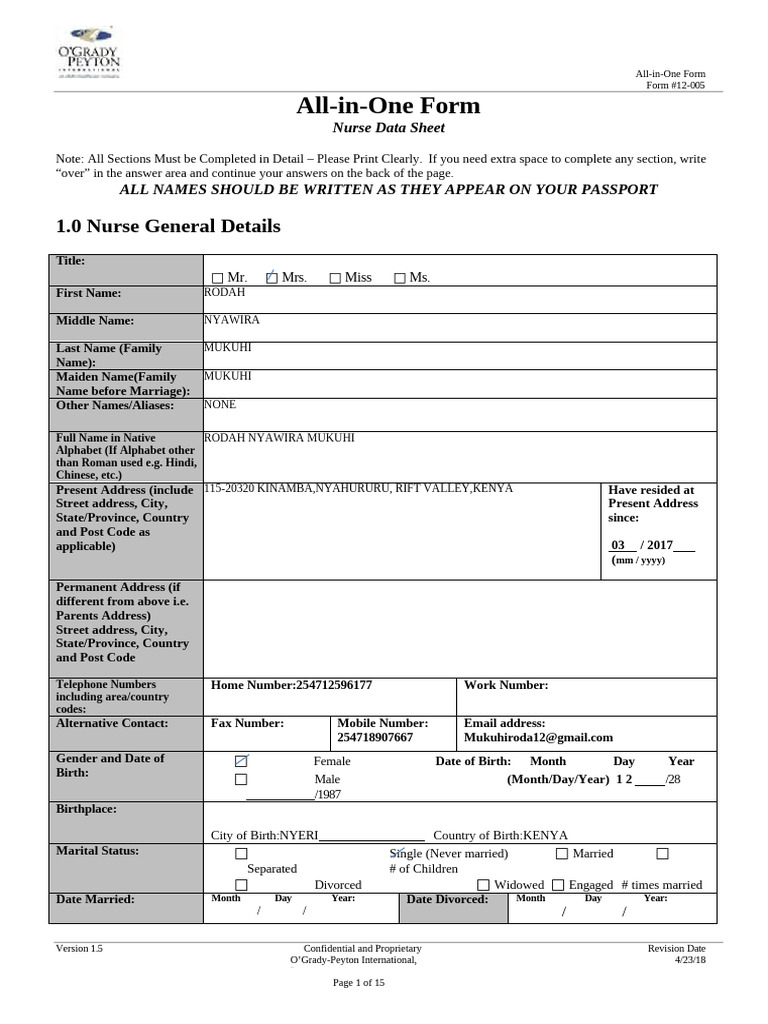 Nurse Data Sheet - All-in-One Form | PDF | Travel Visa | Passport