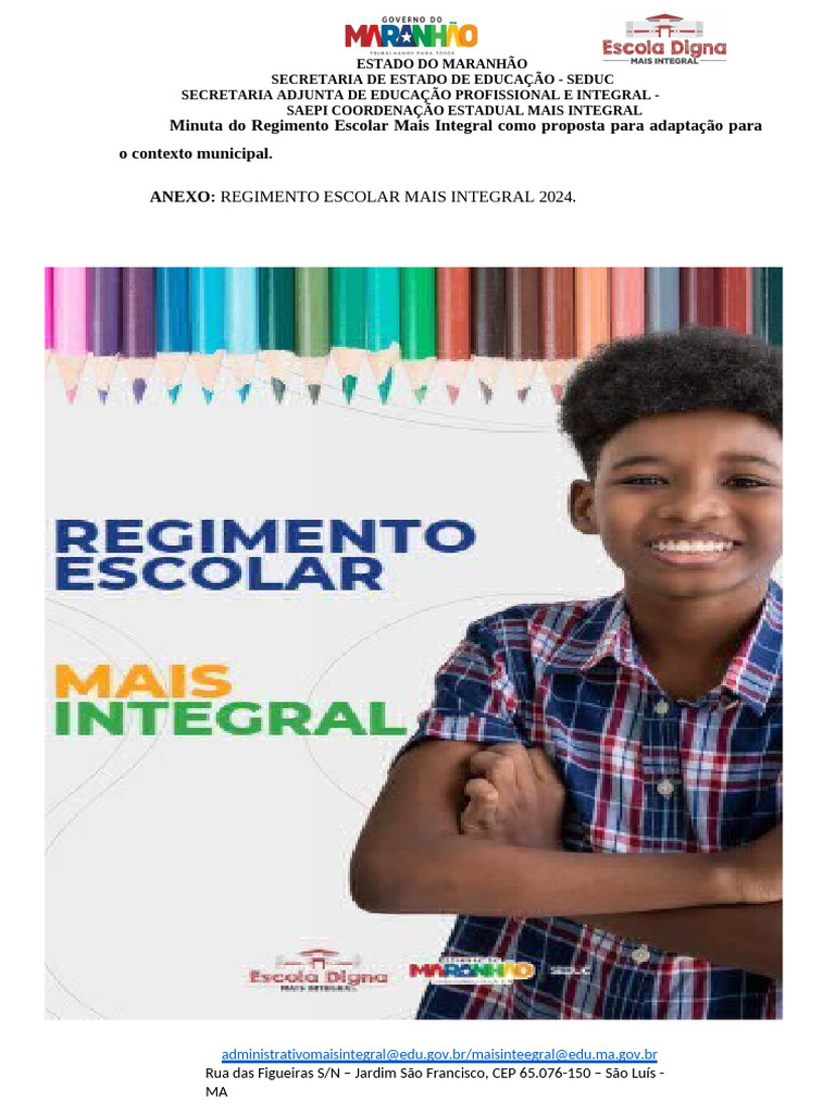 Regimento Mais Integral - Minuta | PDF | Educação Especial | Pedagogia