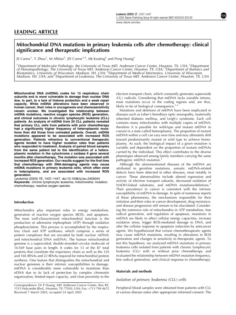 Mitochondrial DNA Mutations in Primary Leukemia Cells After ...