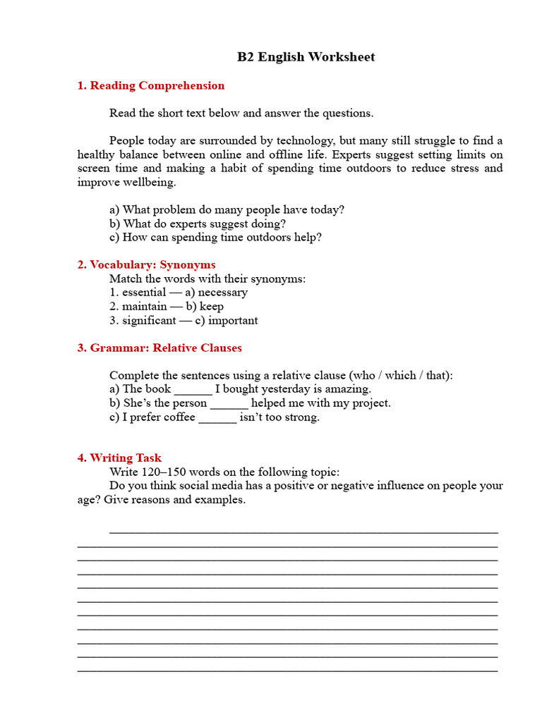 B2 English Worksheet: Reading & Grammar | PDF