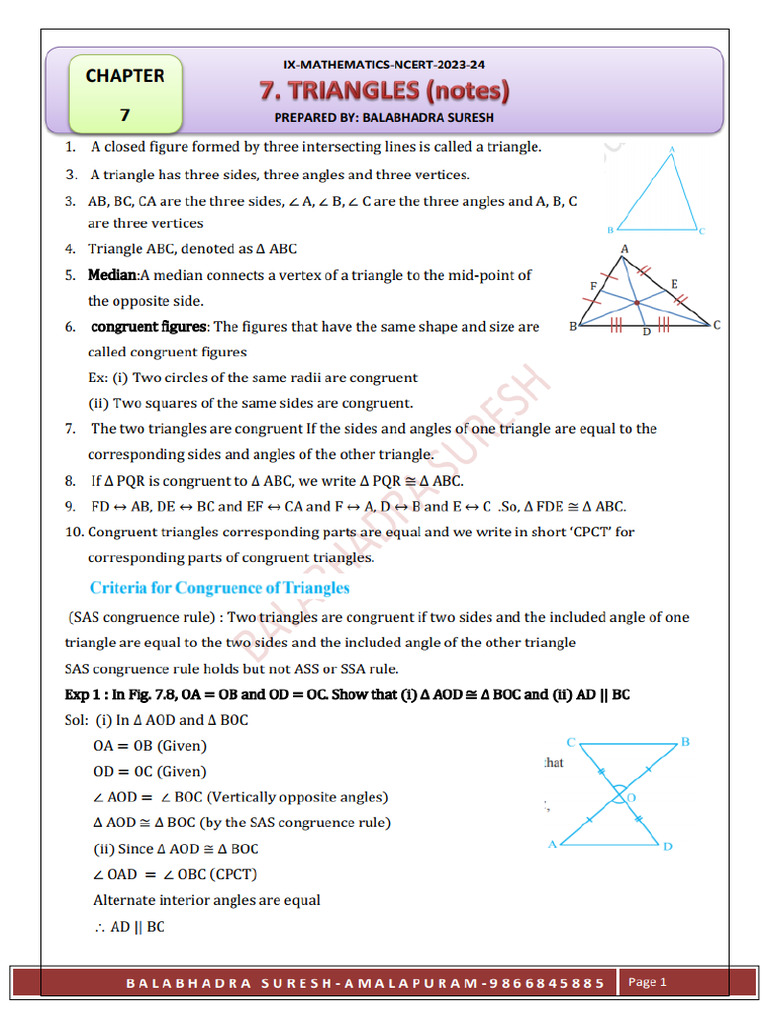 Ix Ncert Mathematics 7triangles Notes Wm 251121 140508 (1) | PDF