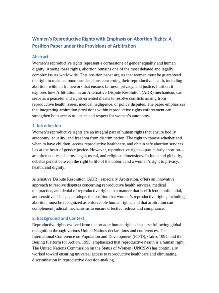 Position Paper Women Reproductive Rights Arbitration | PDF ...