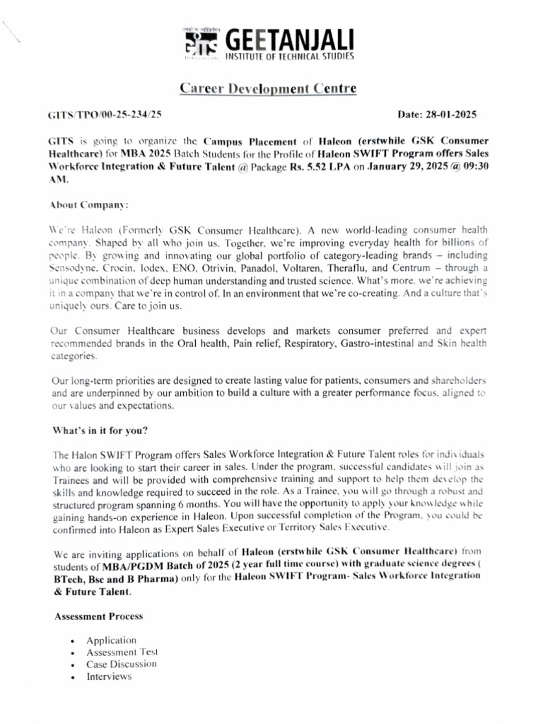 Haleon SWIFT Program Campus Placement 2025 | PDF | Business