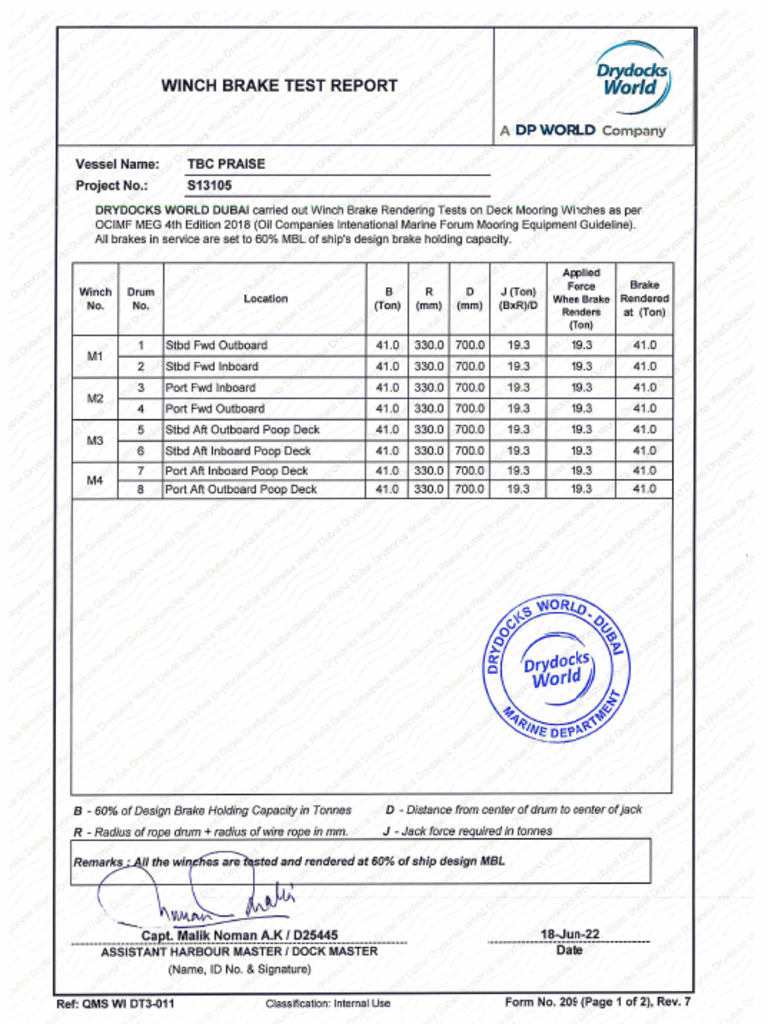 28 Winch Brake Test Report Dubai DD Jun 2022 | PDF