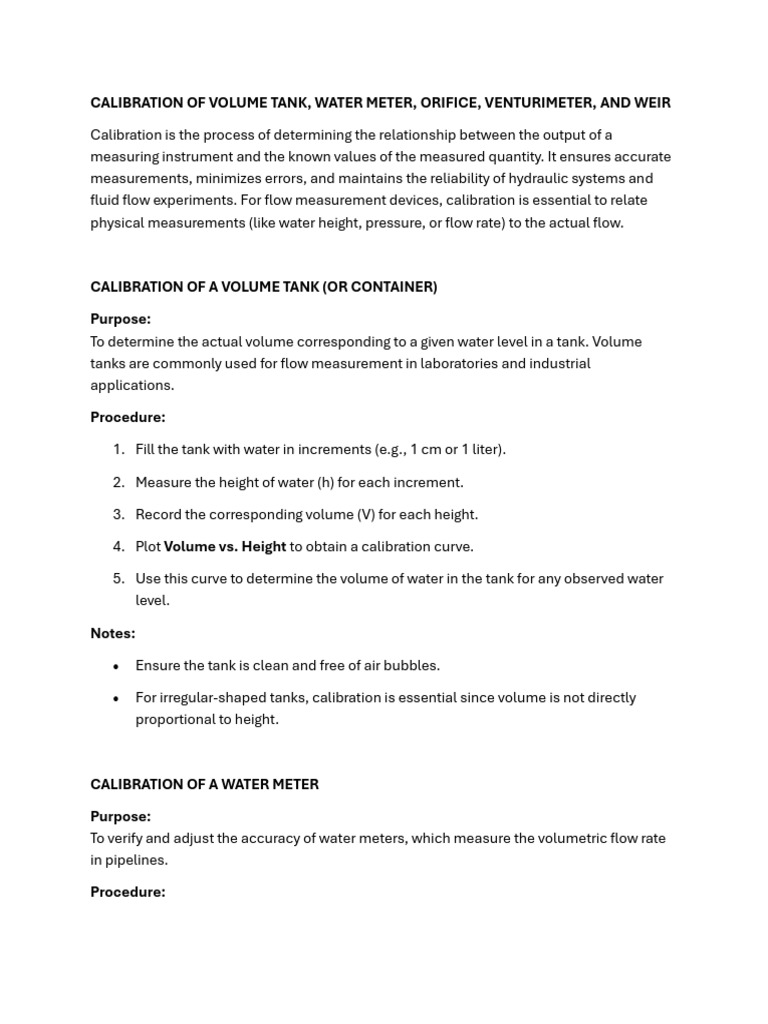 Calibration of Volume Tank Water Meter Orifice Venturimeter and Weir ...