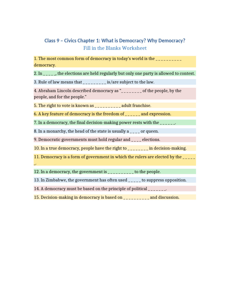 Civics Worksheet: Understanding Democracy | PDF