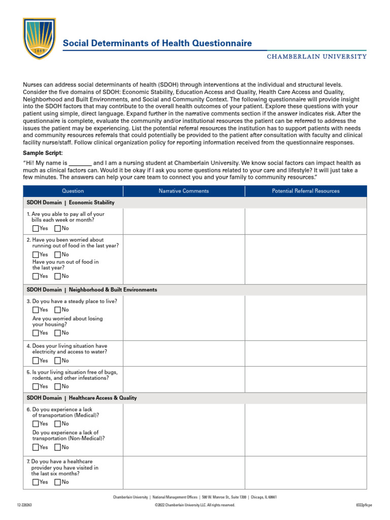 Social Determinants of Health Questionnaire Full | PDF | Social ...