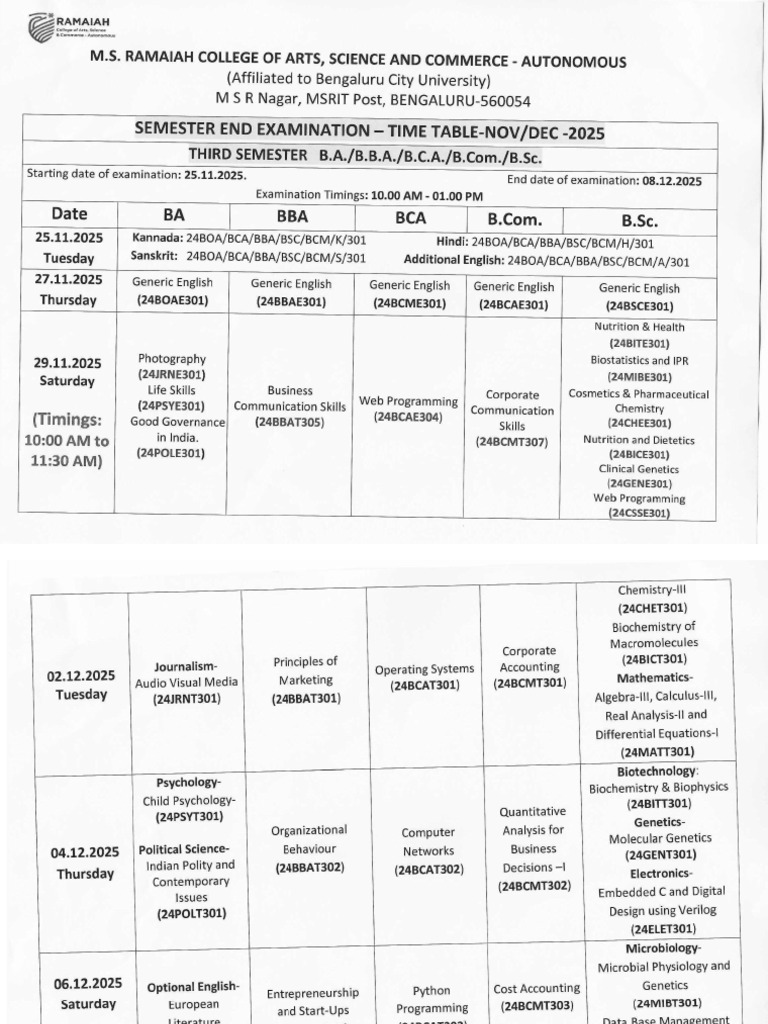 Third Semester Final Time Table Nov Dec-2025 | PDF