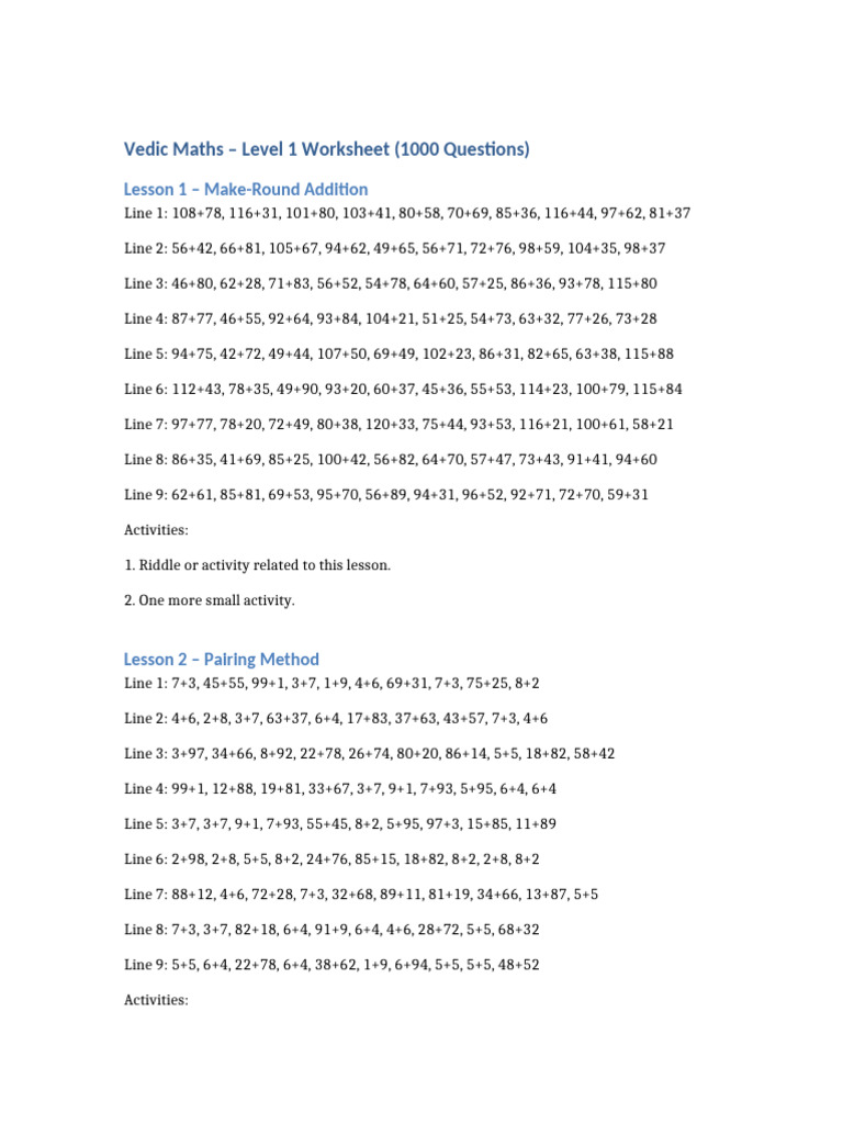 VedicMaths_Level1_1000Questions | PDF | Mathematics | Arithmetic