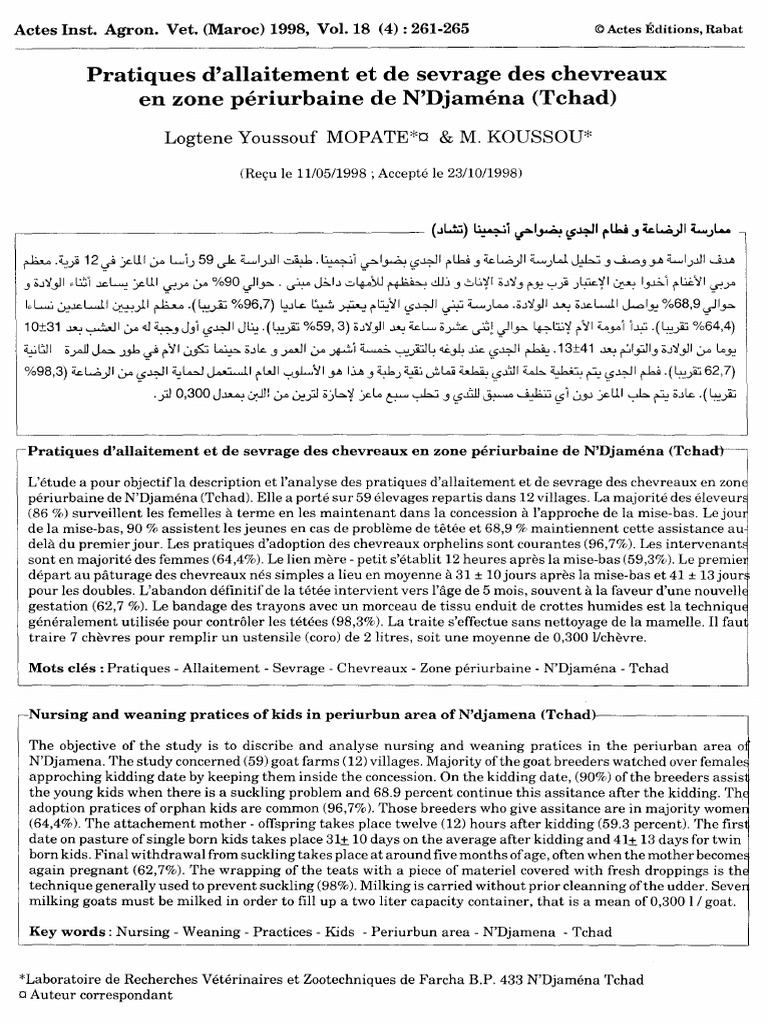 Allaitement et sevrage des chevreaux au Tchad | PDF | Chèvre | Lait