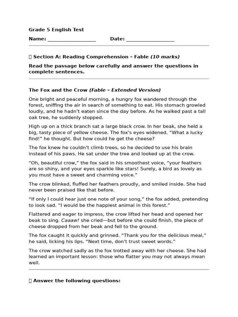 Grade 5 English Test | PDF | Linguistics | Linguistic Typology