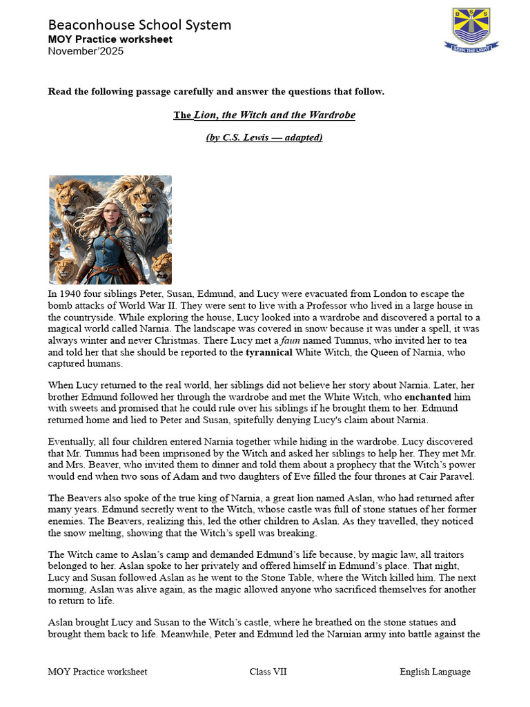 Narnia Passage Practice Worksheet | PDF | Aslan | The Chronicles Of Narnia