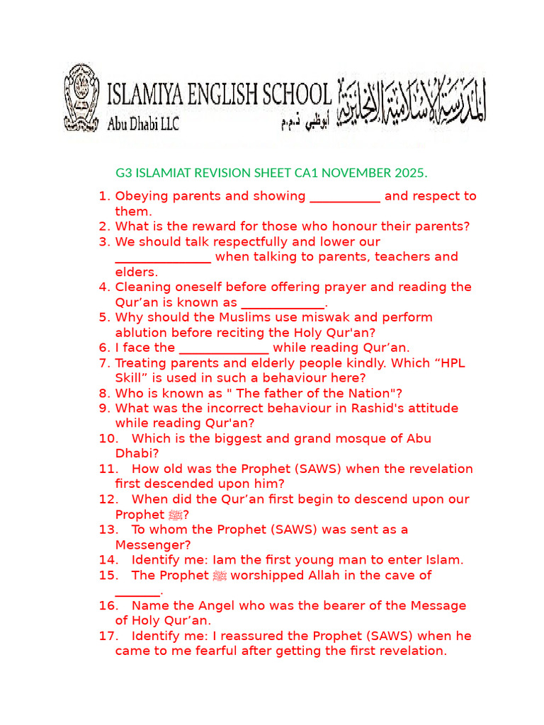 g3 Islamiat Revision Sheet Ca1 November 2025 | PDF | Quran | Islam