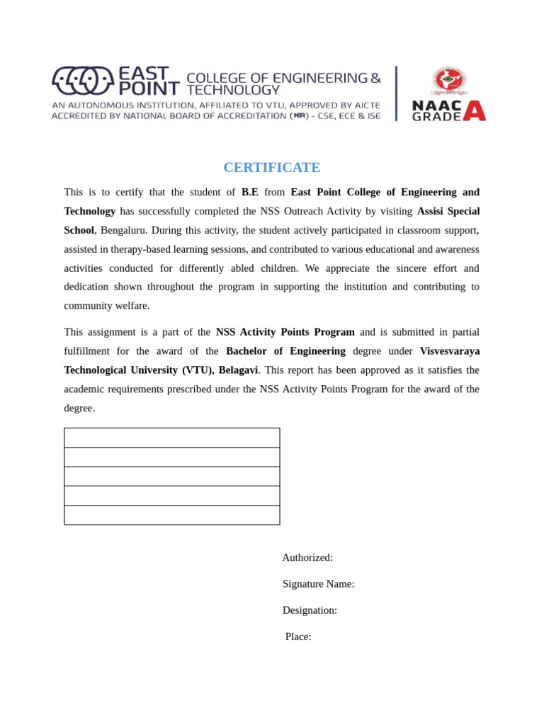 NSS Outreach Activity Certificate | PDF