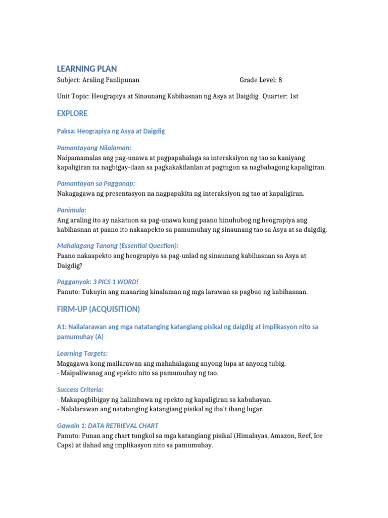 Grade8 q1 Learning Plan | PDF