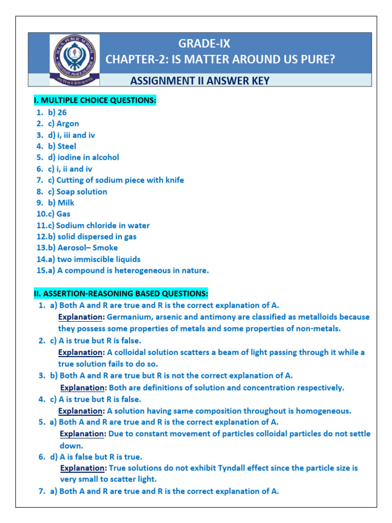 Class Ix Ch-2 Assignment II Answer Key | PDF | Colloid | Solubility