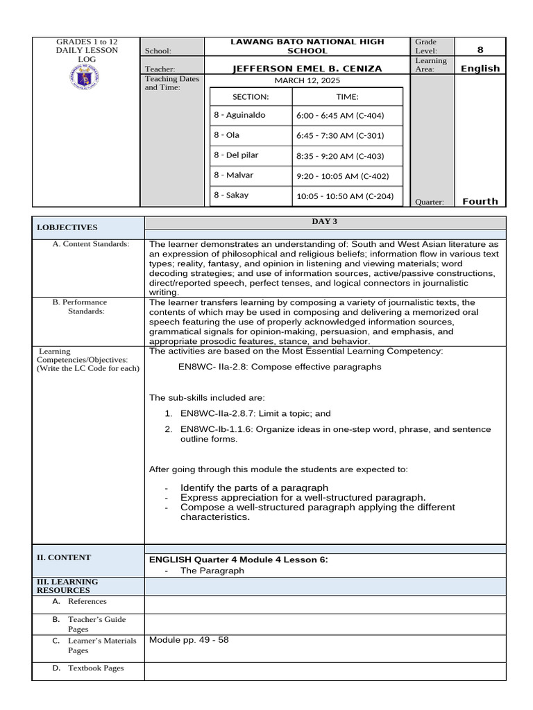 Grade 8 English Daily Lesson Log | PDF | Teachers | Causality