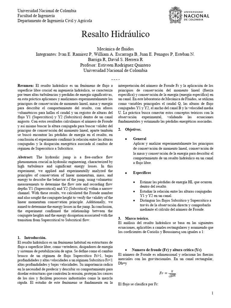 Lab - 5.resalto Hidraulico | PDF | Ingeniería Química | Ingeniero civil
