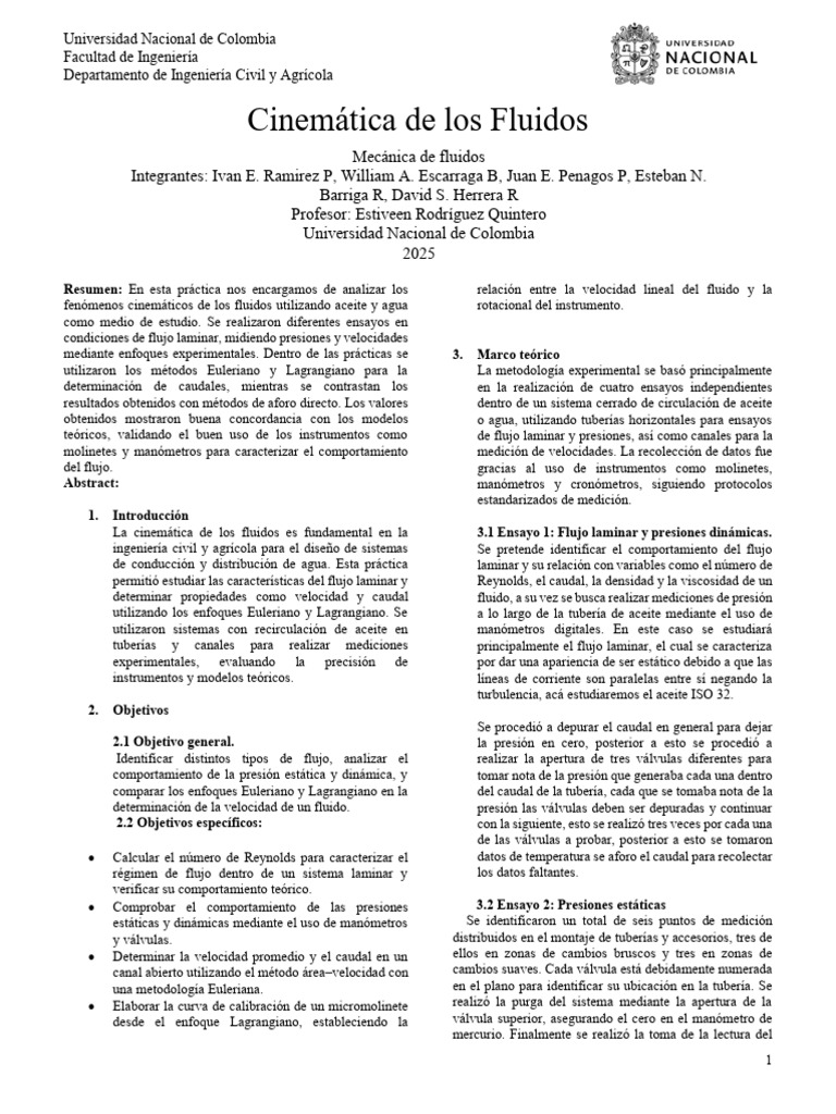 Lab_3.Cinematica de Los Fluidos | PDF | Viscosidad | Presión