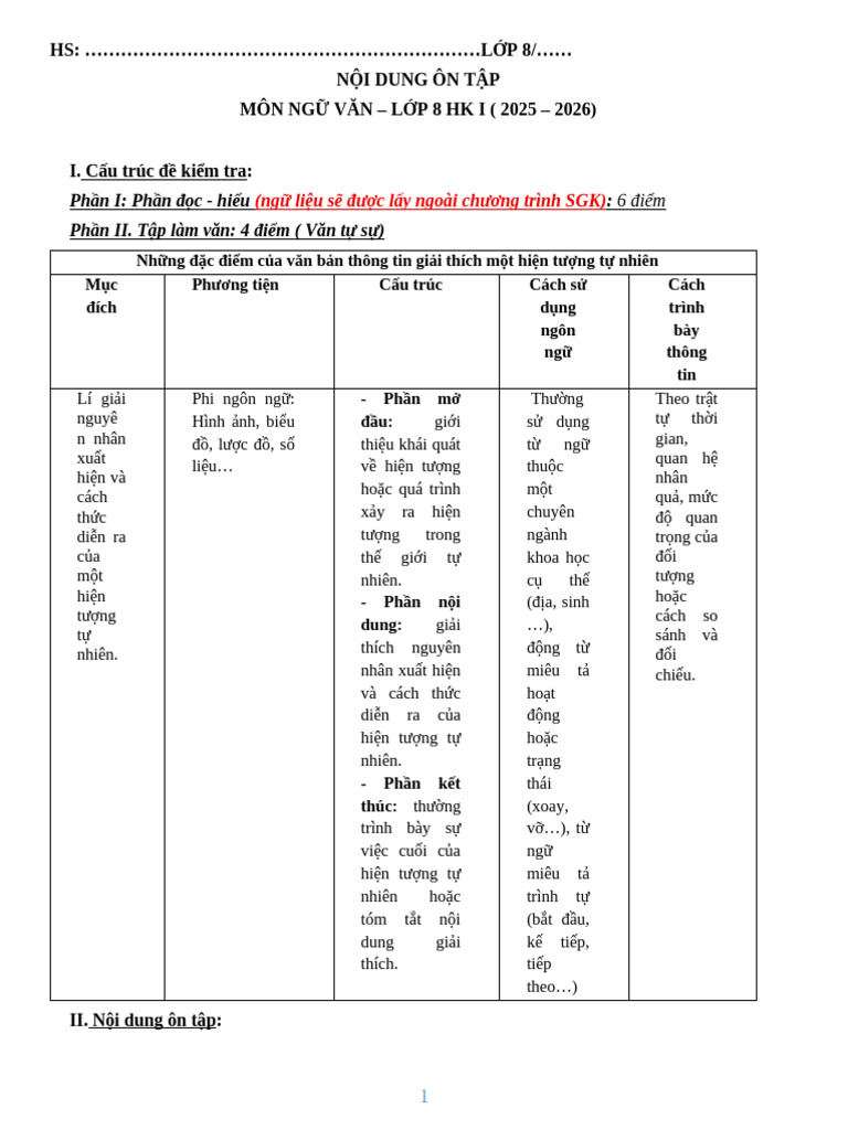 Khối 8 - Đề Cương Văn Kì i - 25-26 Mùi | PDF