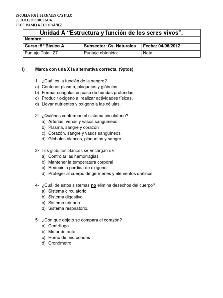 Prueba de Cs. Naturales 5to