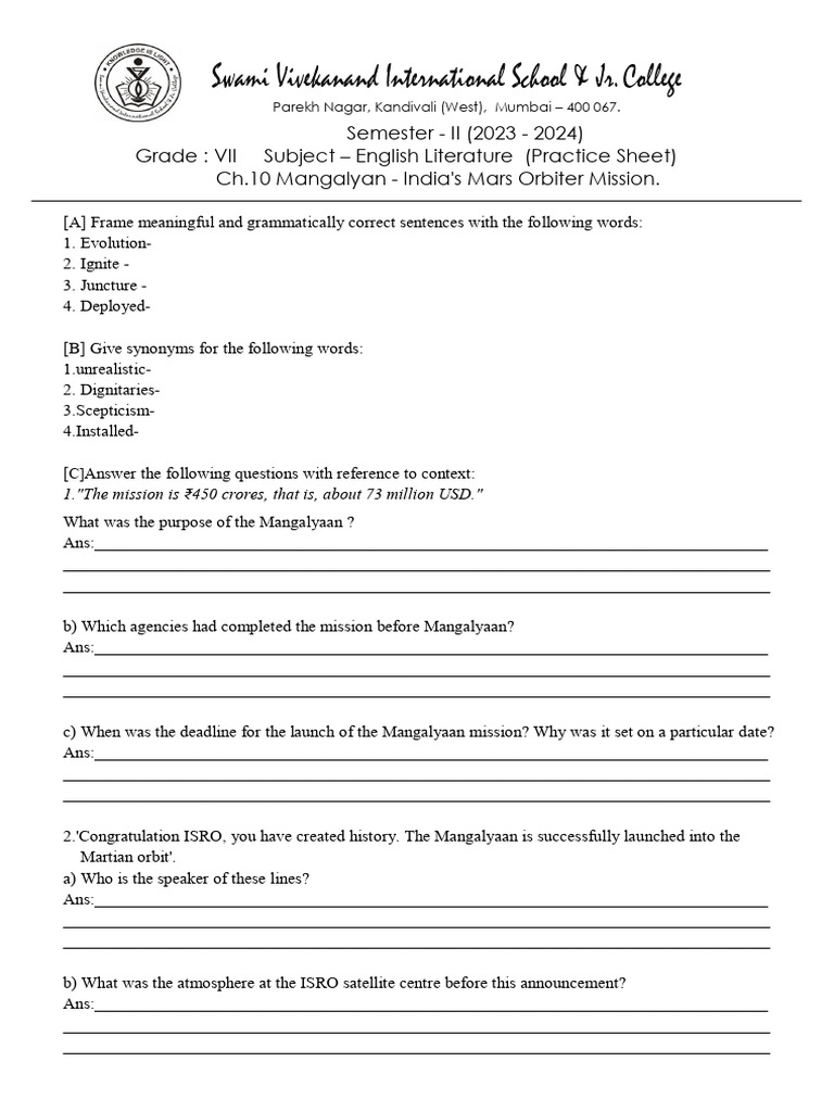 Grade VII English Lit PS | PDF | Planets Of The Solar System ...