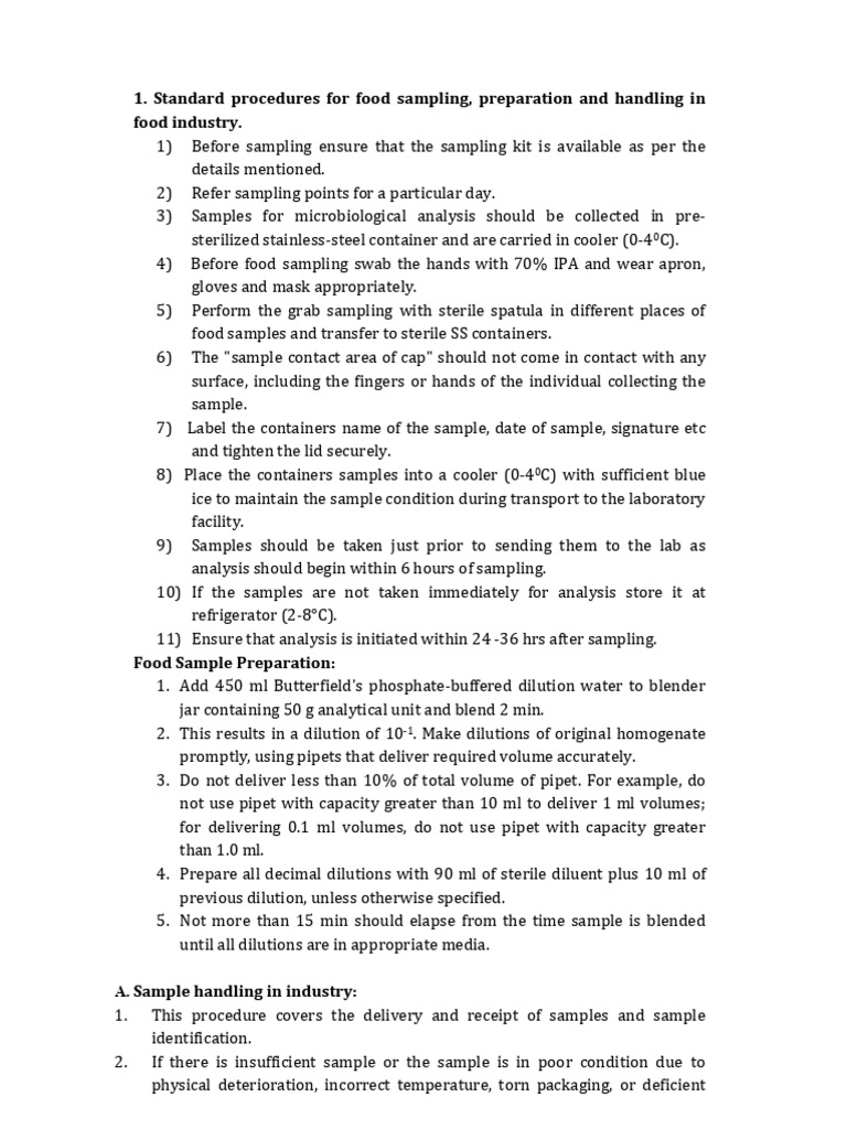 Food Sampling and Handling Procedures | PDF