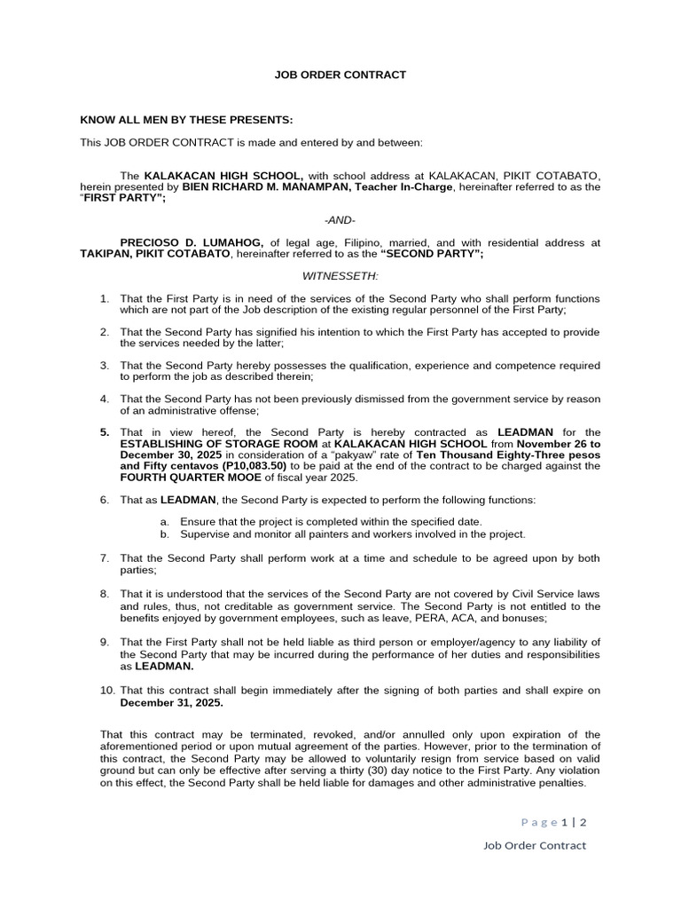 Job Order Contract for Kalakacan High School | PDF | Civil Law (Legal ...
