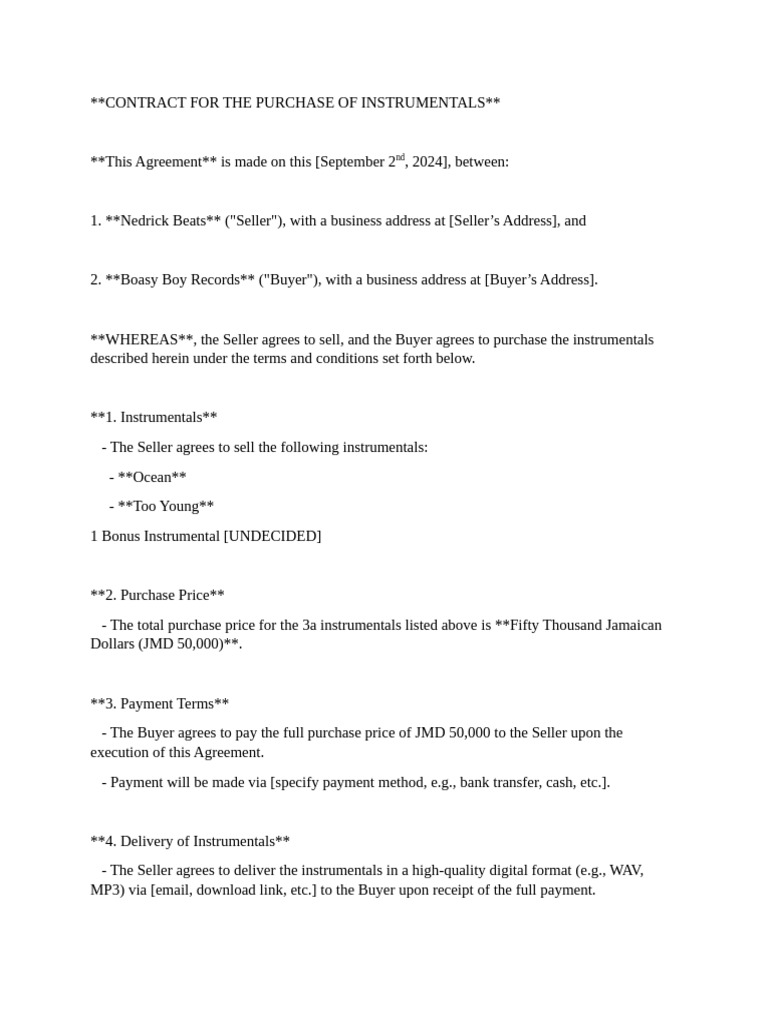 Contract for the Purchase of Instrumentals [Nedrick x Boasy] | PDF ...