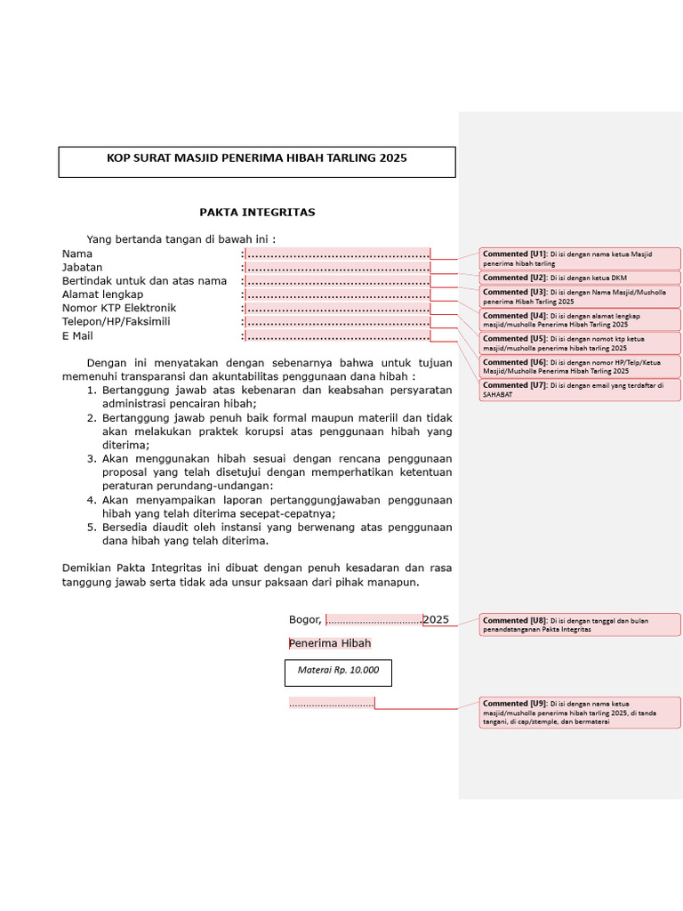 Pakta Integritas Penerima Hibah Tarling 2025 | PDF