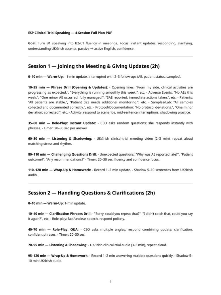 ESP Clinical Trial Speaking Plan PDF | PDF | Human Communication