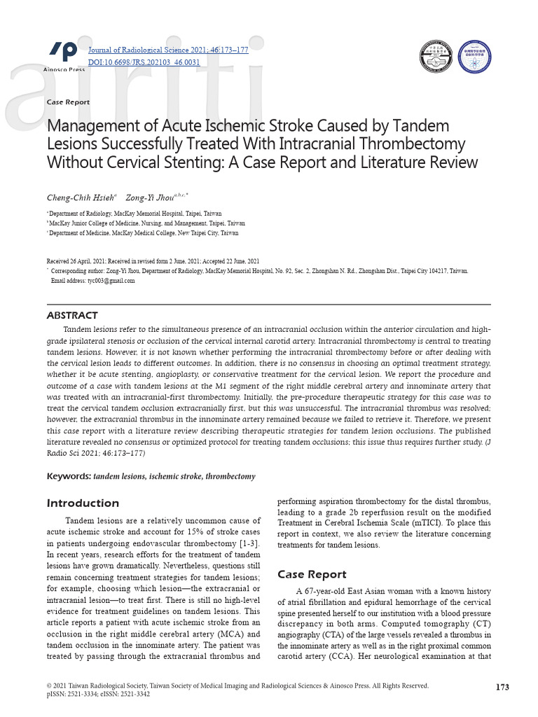 Tandem Lesions in Ischemic Stroke: Case Study | PDF | Stroke | Ischemia