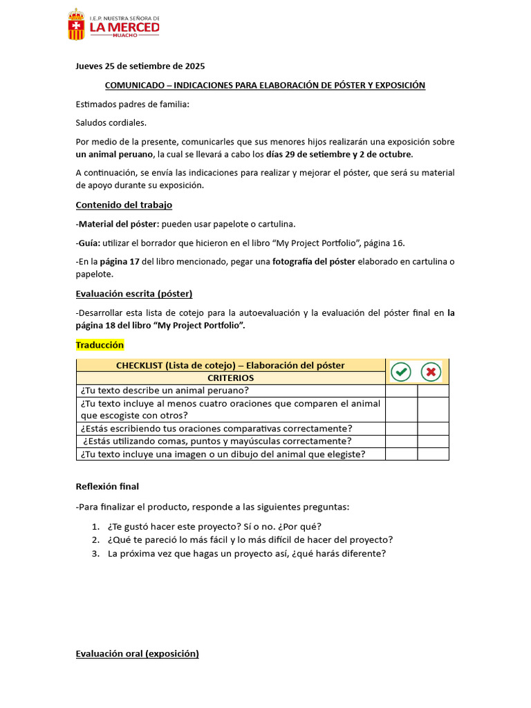 COMUNICADO Exposicion Bimestral Indicaciones 5TO A INGLES | PDF ...