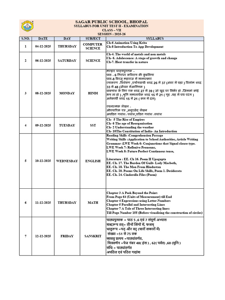 Class Vii Datesheet With Syllabus | PDF