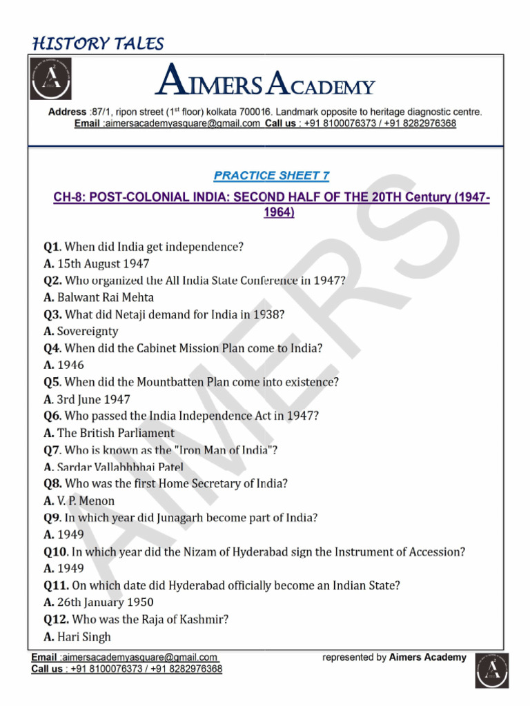 History Practice Sheet Ch-VIII | PDF