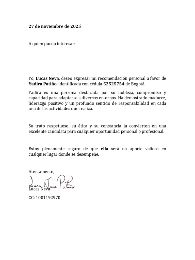 Carta Recomendacion Lucas Neva V2 | PDF