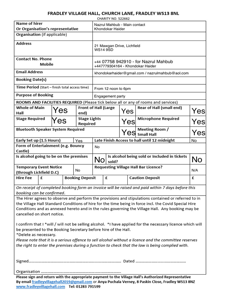 Fradley Village Hall - Casual Booking Form Version 2024 | PDF