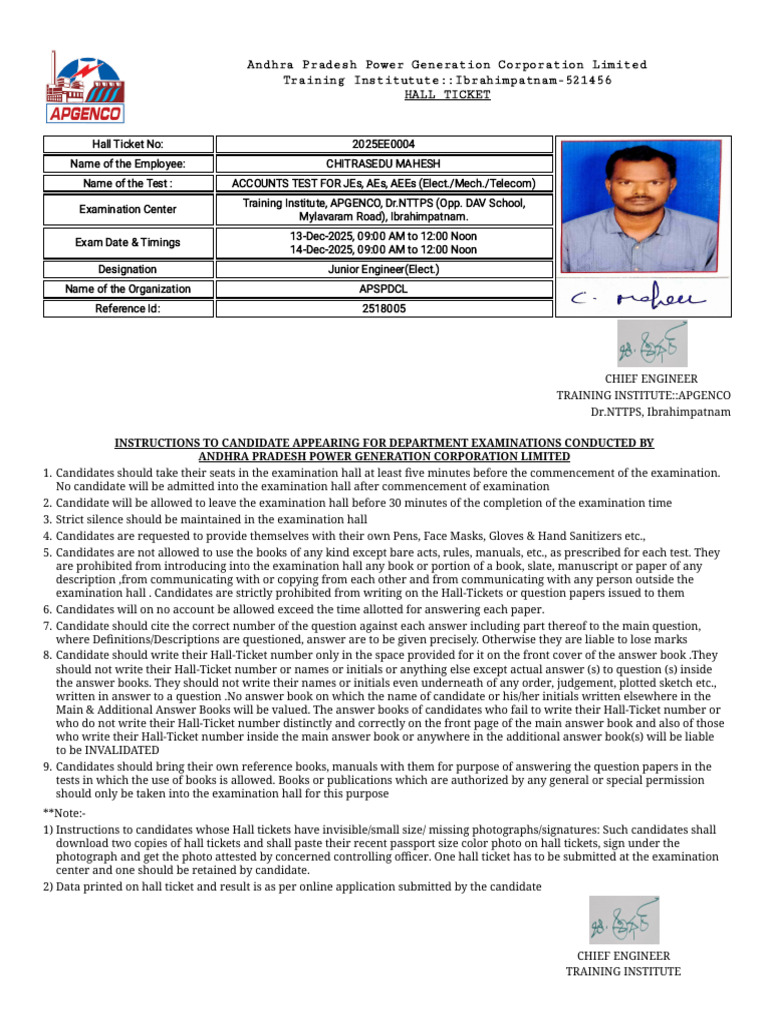 APGENCO Departmental Test Hall Ticket | PDF