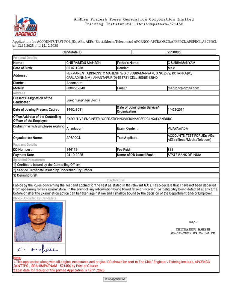 APGENCO Accounts Test Application 2025 | PDF