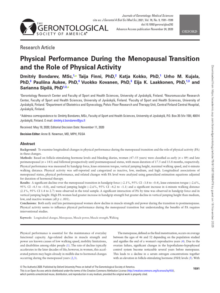 Physical Performance During The Menopausal Transition and The Role of ...