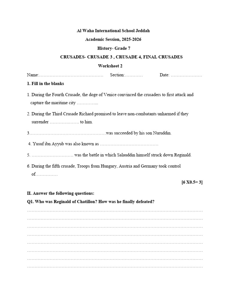 Grade 7 History: Crusades Worksheet | PDF | Crusades | Christendom