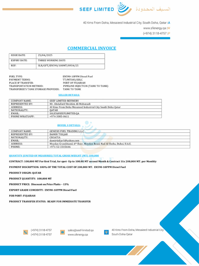 Scam Alert Commercial Invoice Seef Limited En590 Genesis Fuel Trading ...