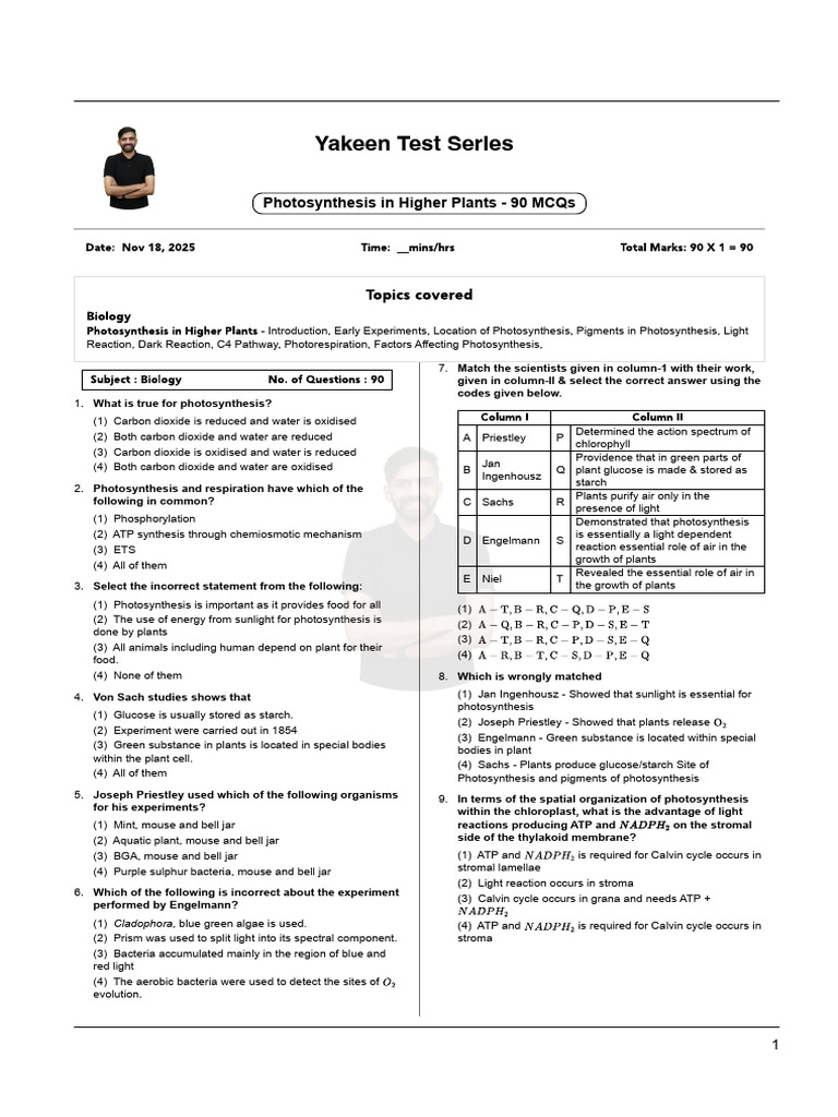 Photosynthesis in Higher Plants - 90 MCQs QP Print | PDF ...