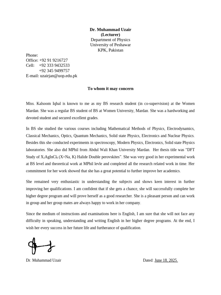 Refrence Letter For Kalsoom Mardan | PDF