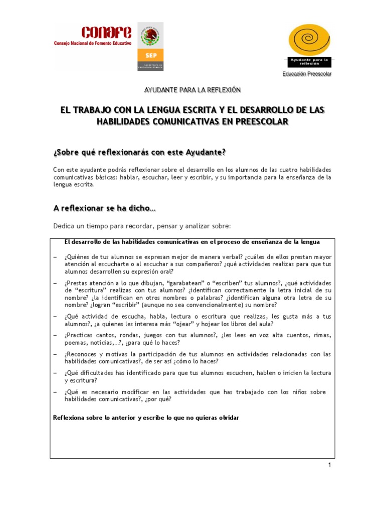Habilidades Comunicativas en Preescolar | PDF | Escritura | Lectura ...