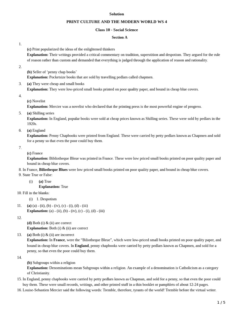 Print Culture and The Modern World WS 4 Sol (The Reading Mania) | PDF ...