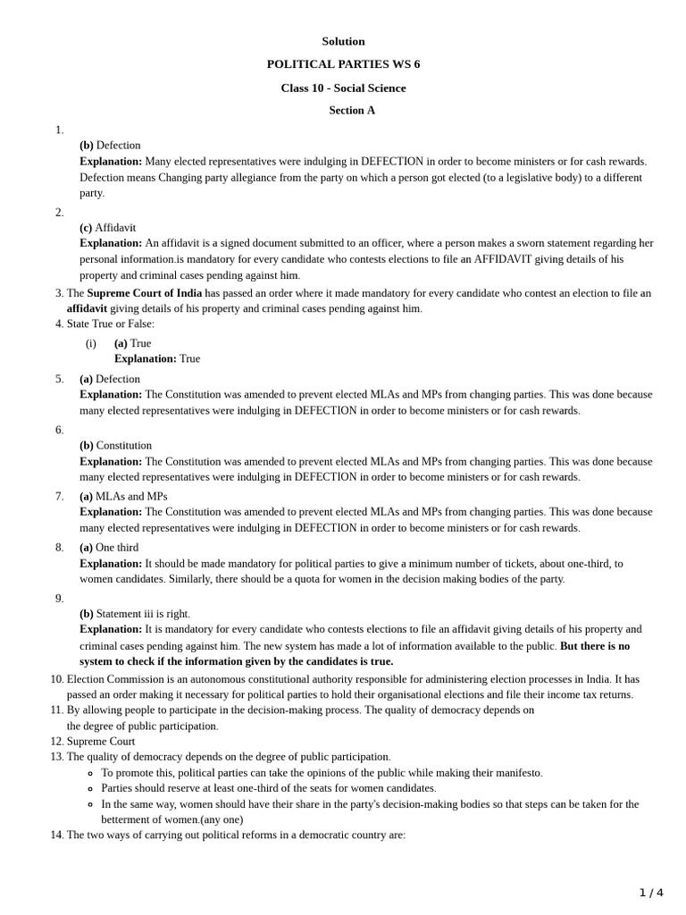 Political Parties WS 6 Sol (How Can Parties Be Reformed) | PDF ...