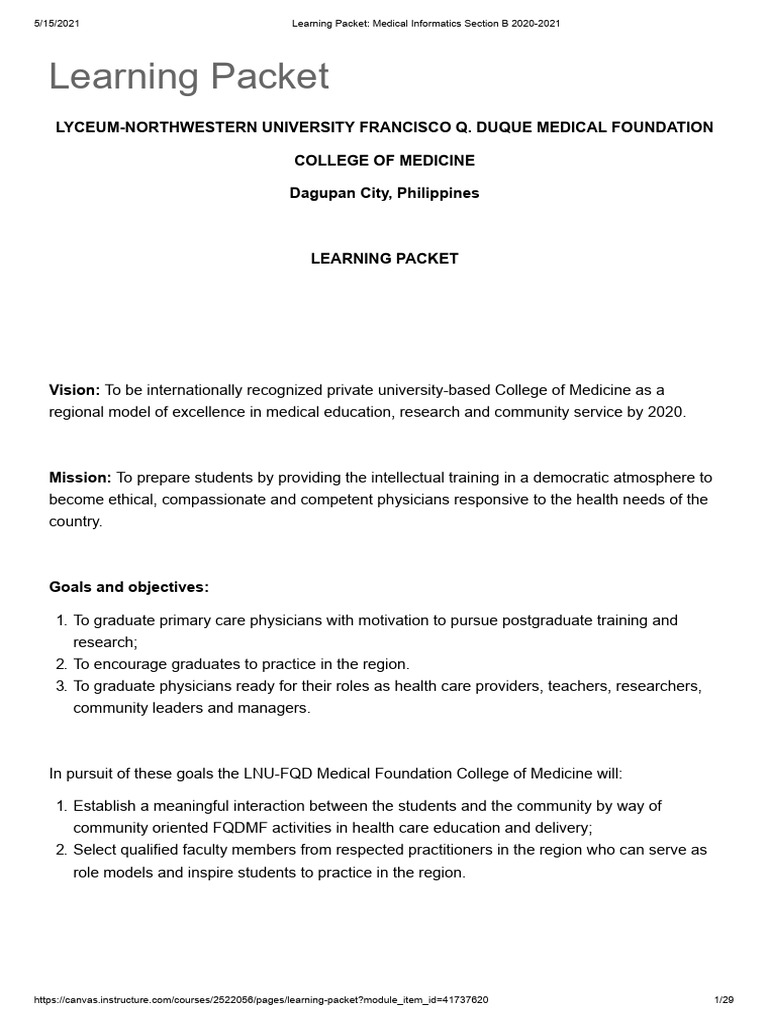 Learning Packet - Medical Informatics Section B 2020-2021 | PDF ...