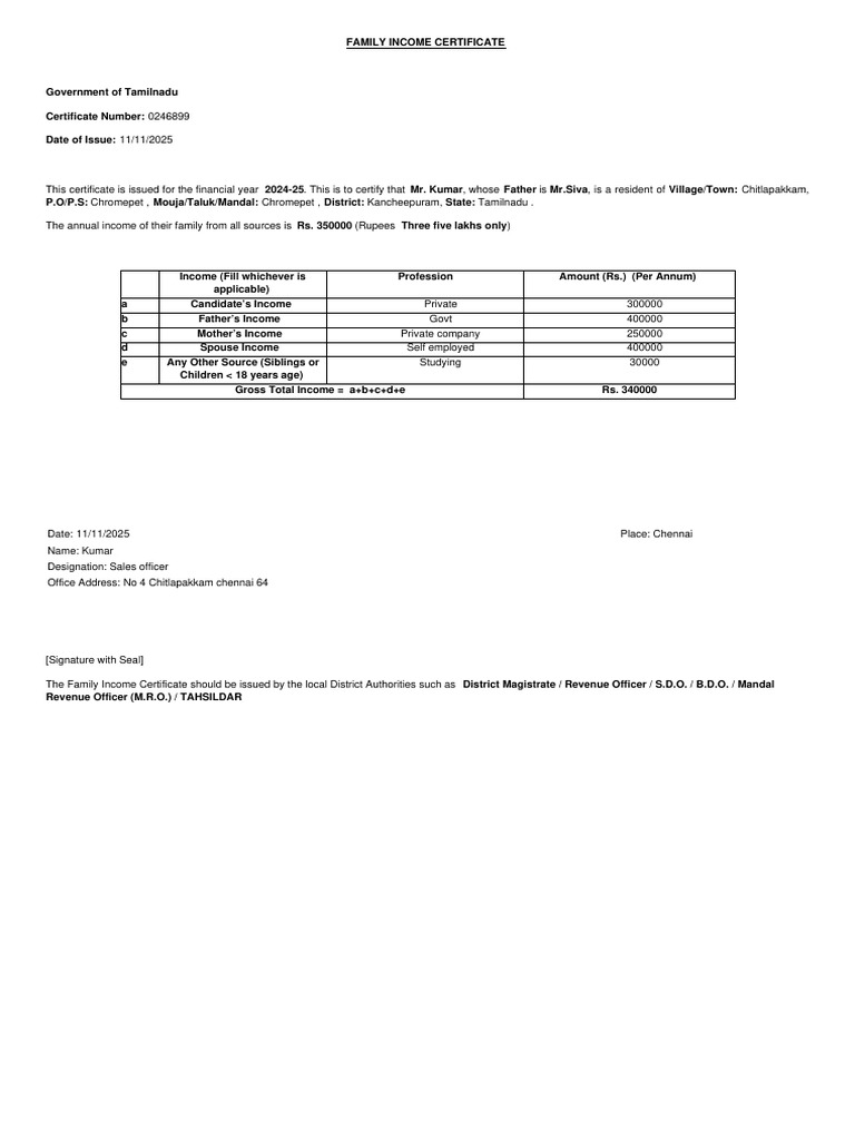Tamil Nadu Family Income Certificate | PDF